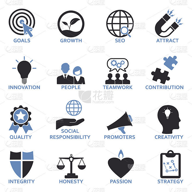 公司核心价值观和图标。双色调平面设计。矢量插图。