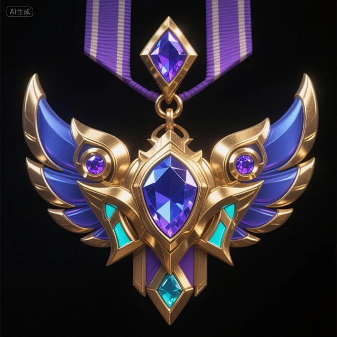 jimeng-2025-08-07-8550-设计一款游戏中的金色金属造型装饰，中央是一个宝石装饰，两侧有镶嵌蓝紫色的金属造型-花瓣网