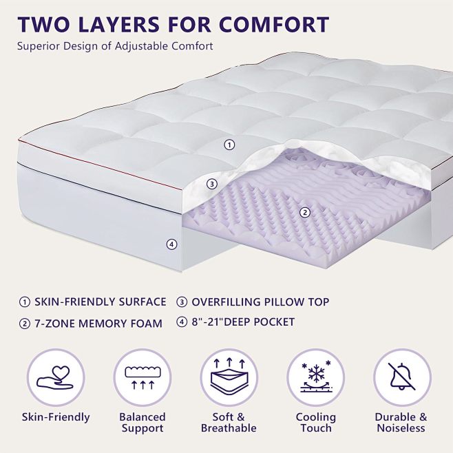 Amazon.com: Homemate Memory Foam Mattress Topper Queen, Dual Layer 4 ...