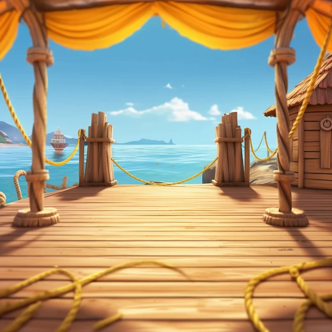 ,wooden dock,wooden roof ,golden rope, along the beach,3d cartoon CG ...