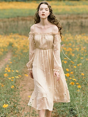 linjou玲玖法式桔梗裙一字领露肩连衣裙星星雪纺仙女吊带长裙女秋-淘宝网-花瓣网