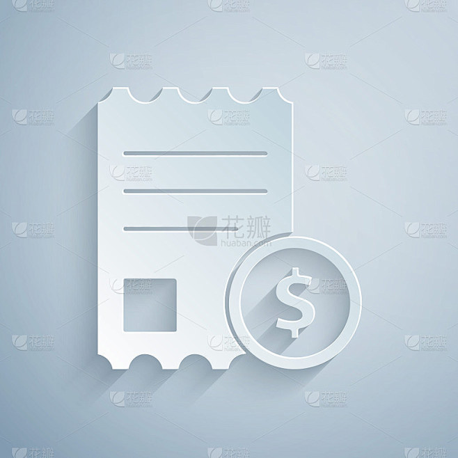 剪纸剪纸检查和财务检查图标孤立在灰色背景。纸张打印支票，商店收据或账单。纸艺术风格。矢量图