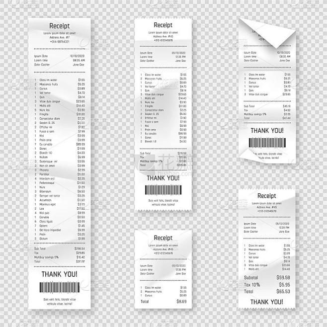 一套孤立的纸质收据背景。真实的纸张收据，支票和付款账单打印在卷和弯曲的热敏纸上。矢量收据和购买账单素材-花瓣网