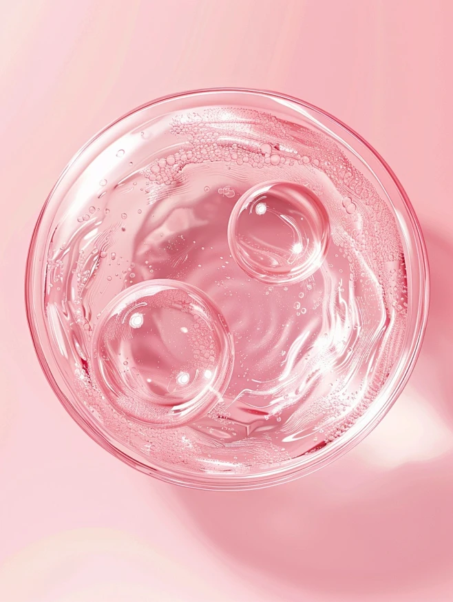 A pink circular transparent glass texture, filled with water and two ...