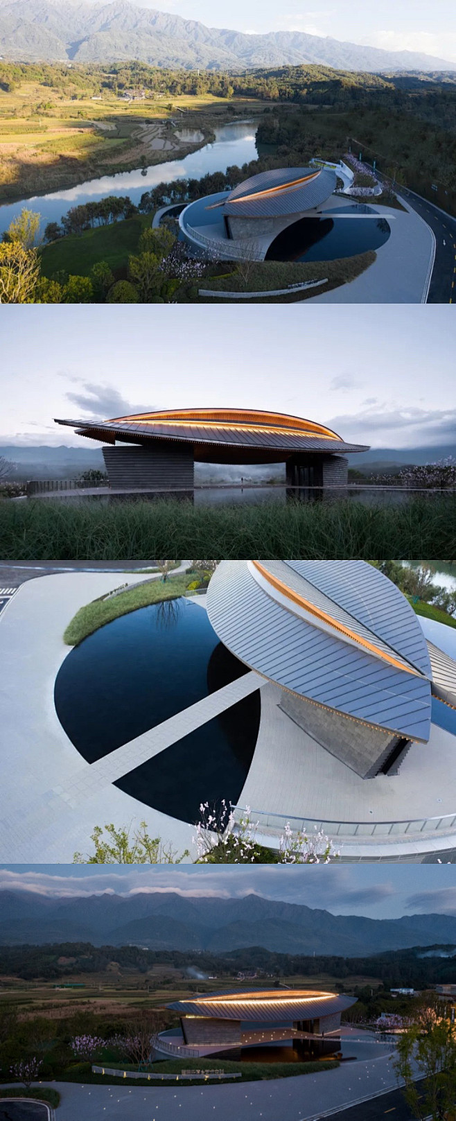 雅居乐原乡•阅江山 入口采用长势良好的矮蒲苇，展现自然旺盛的生命力，同时凸显建筑体量 一条道路直通建筑，石材嵌入石材，于细节处表达对自然秩序的理解