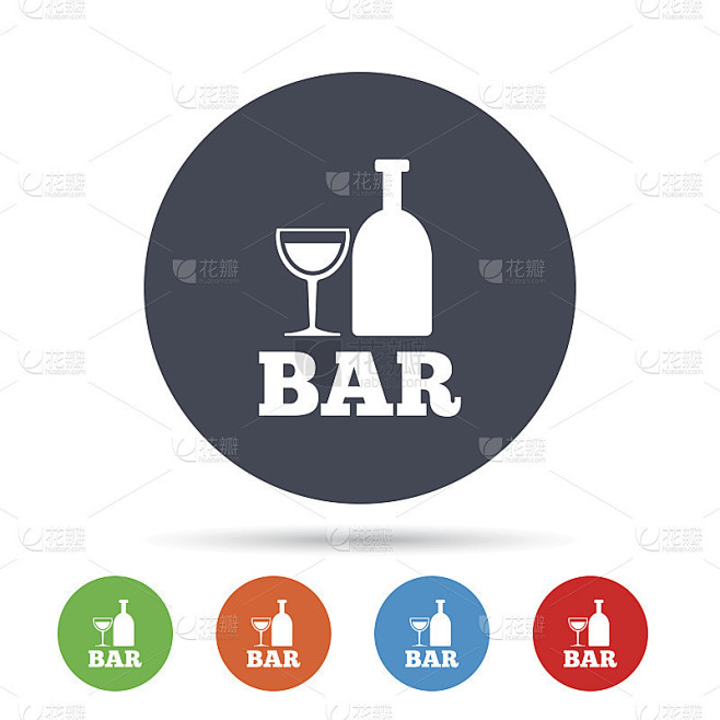 酒吧或酒吧标志图标。酒瓶和玻璃杯。