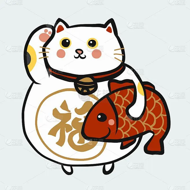 Cute fat white lucky cat with red fish and Japanes素材-花瓣网