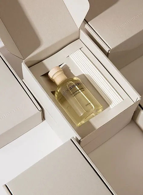 This may contain: a bottle of cologne sitting in a white box next to ...