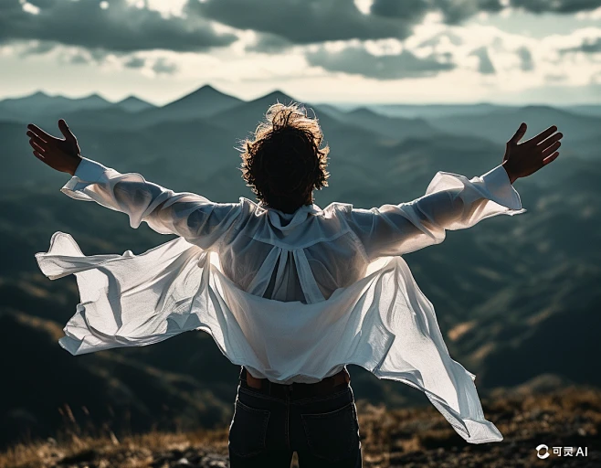 4x3_无人机视角_山顶上_背影_一个男人张开双臂_白衬衫敞开_随风飞舞_2图片_单人动作图片素材-花瓣网