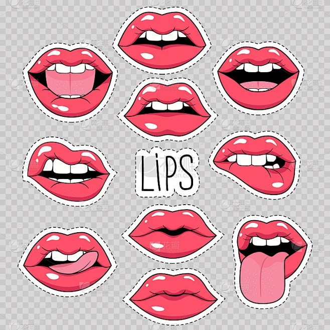 唇贴套装80 -90年代漫画风格。卡通贴纸和补丁。矢量插图在白色孤立素材-花瓣网