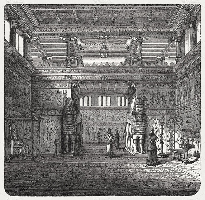 Interior of an Assyrian Royal palace, wood engraving, published 1880