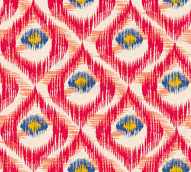 Retro ikat colorful pattern with peacock feathers