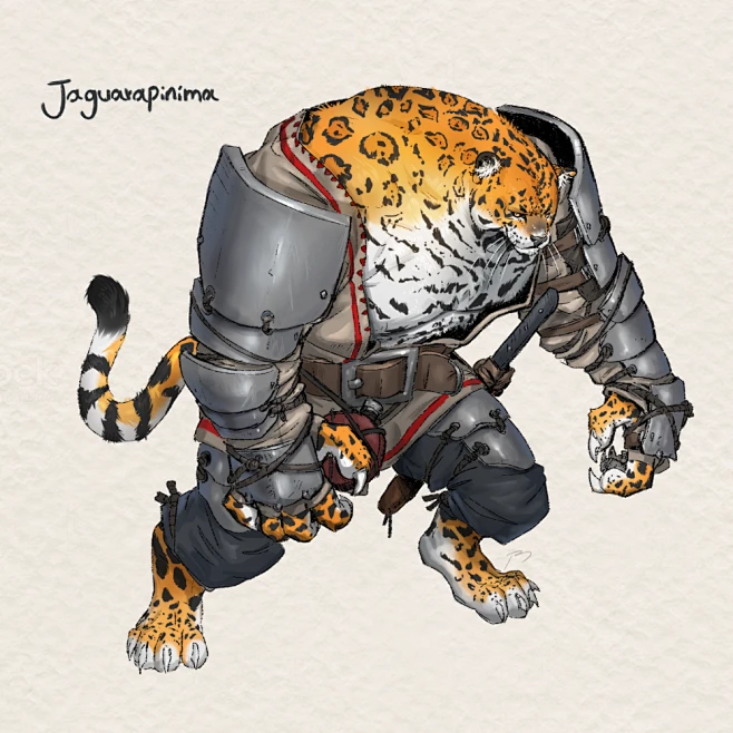 This may contain: a drawing of a leopard wearing armor and boots-花瓣网