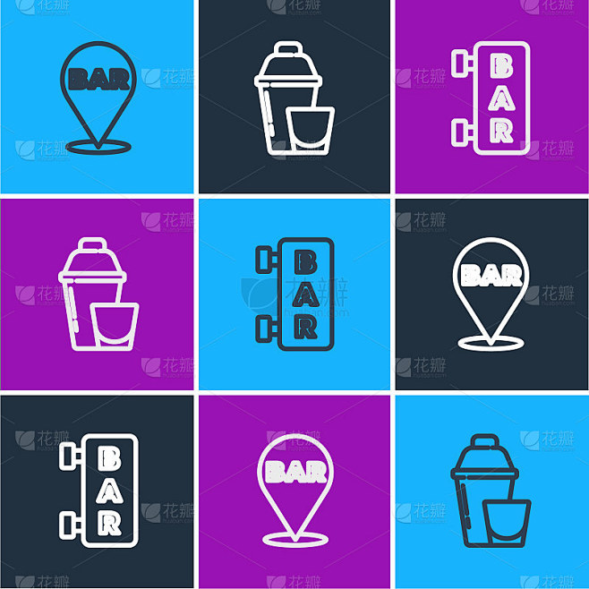 设置酒精酒吧位置，街道招牌，酒吧和鸡尾酒调酒图标。向量