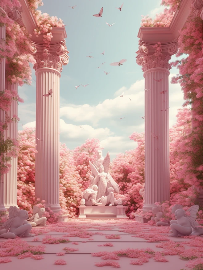 Angelic Paradise, Roman Columns, pink clouds with happy cherubs ...