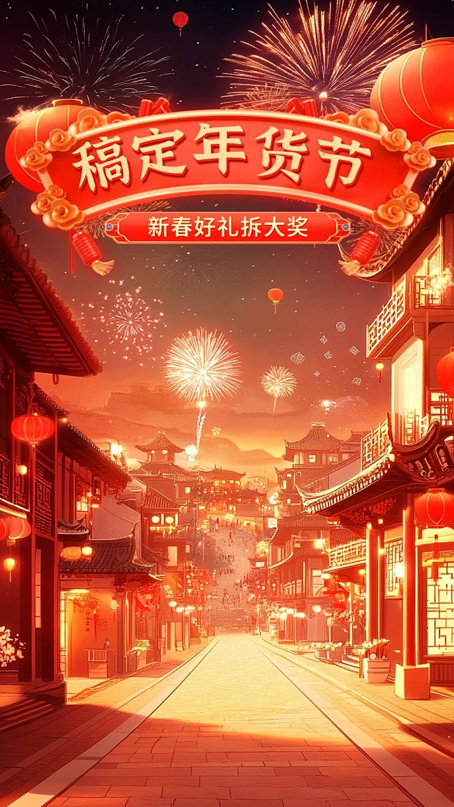 春节年货节红色喜庆中国风街道热闹直播间背景素材 花瓣网