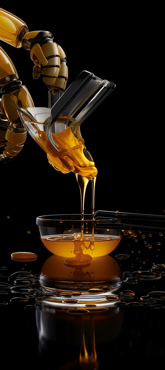 obooooooo_A_robotic_arm_is_pouring_honey_into_two_transparent_g ...