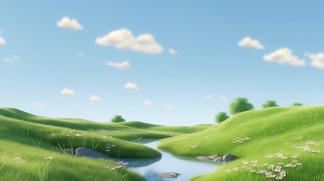 A beautiful green grassy landscape with pond and sky, grassy hill with ...