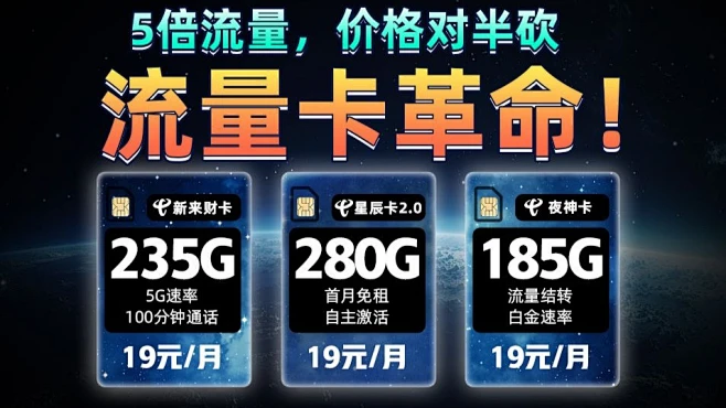 流量升级，价格砍半！19元官方卡限时上架，280G星辰卡2.0、100分钟通话新来财、白金速率夜神卡强悍登场，长期19元流量卡，2025年流量卡推荐。听泉、正龙-花瓣网