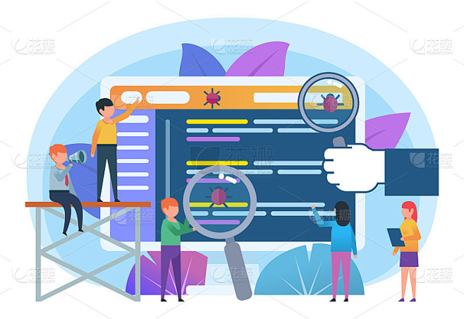 Computer bug, virus tracking, catching. Small peop