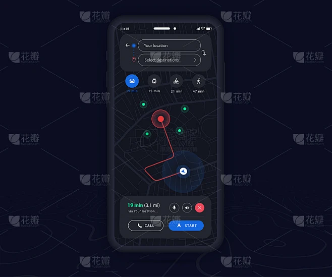 Smartphone map GPS navigation app dark mode ux ui 素材-花瓣网