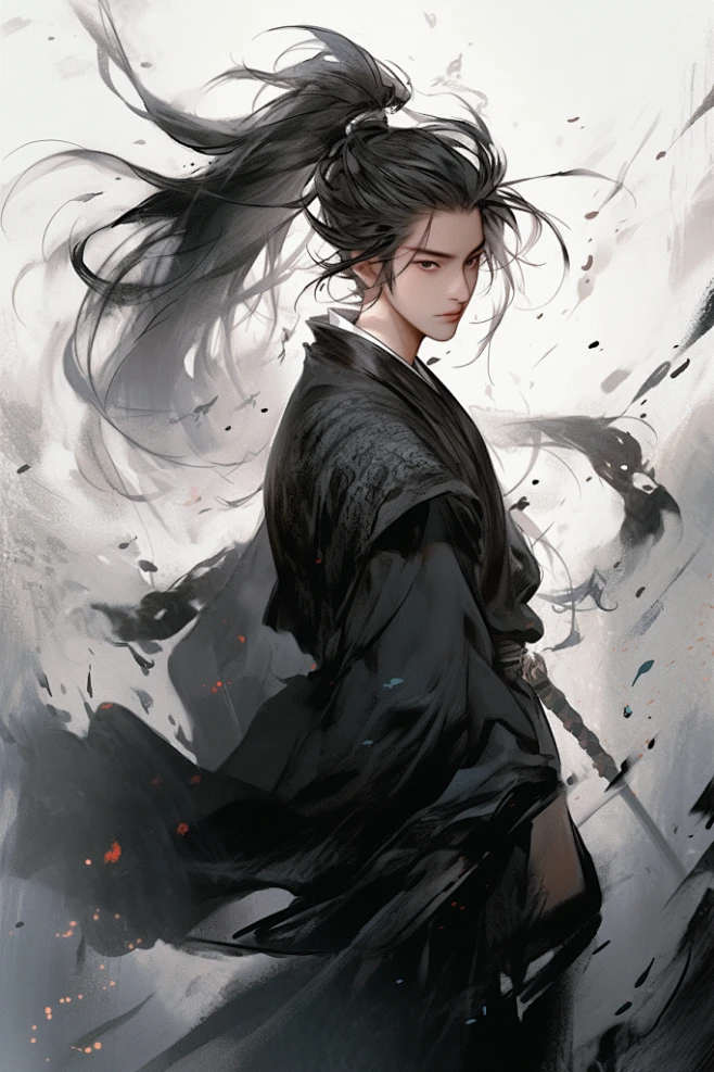 古风少年水墨武侠剑客插画-花瓣网