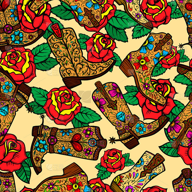 Seamless vintage pattern with cowboy boots and ros