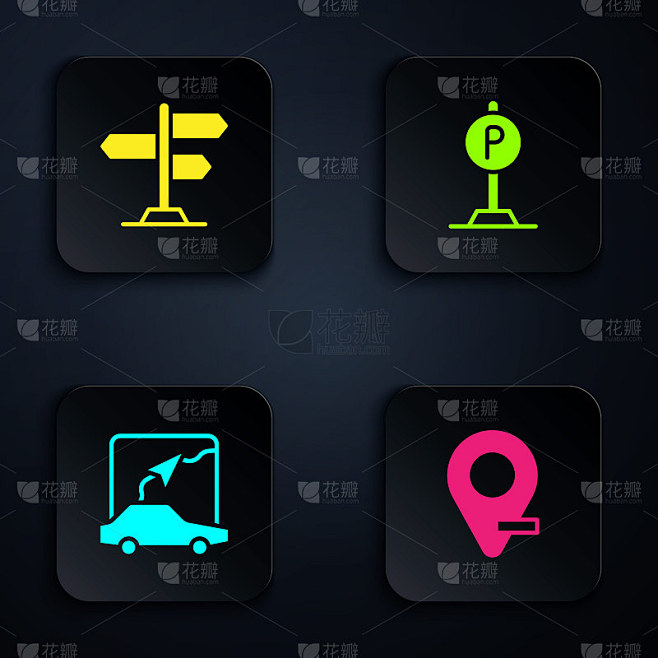 设置位置，道路交通标志，城市地图导航和停车。黑色方形按钮。向量