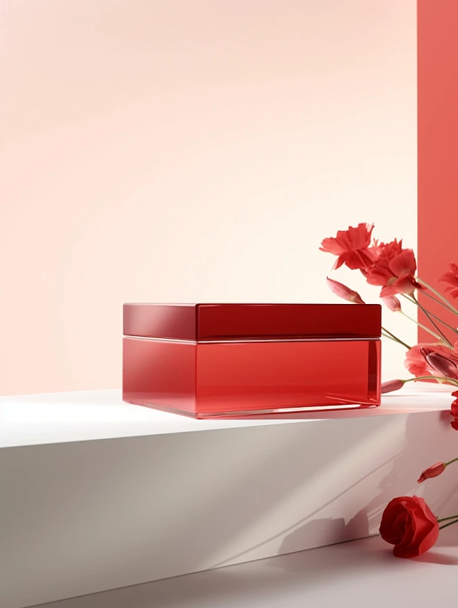 Red Rectangular box products, By the window,Product surrounding petal ...