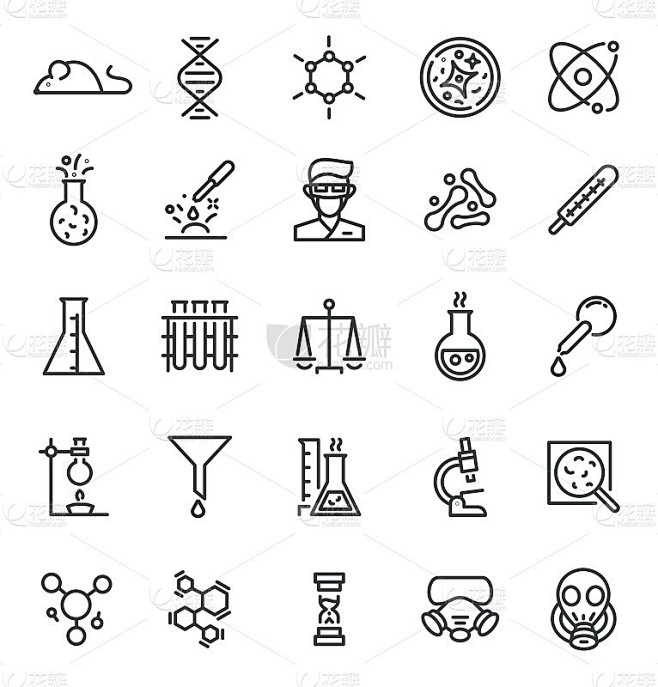 化学实验室图标。科学实验室，设备线标志。显微镜，dna经验或病毒研究。医学生物技术向量集