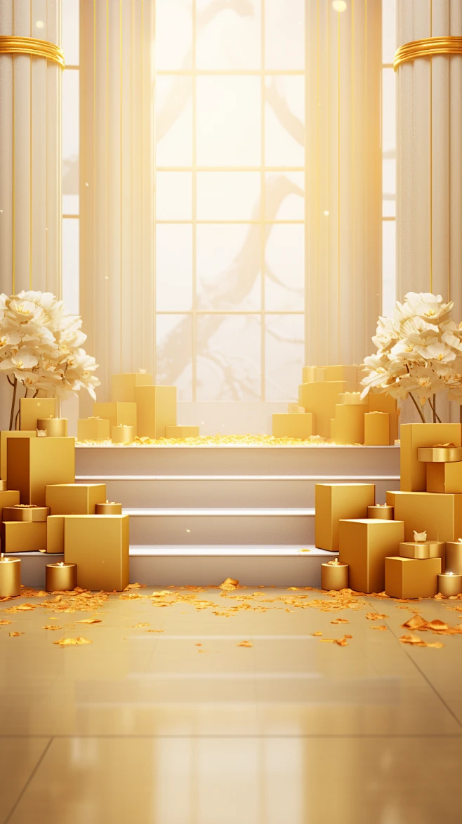 hall with gold flowers and gold boxes, in the style of minimalist ...