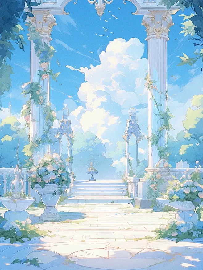 板绘插画 动漫场景 欧式建筑 圆坛 罗马柱 对称结构 梦幻 蓝天云层 花丛 二次元背景图-花瓣网
