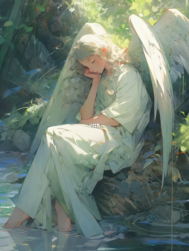 An angel wakes up in the water, in the style of David Hettinger, white ...