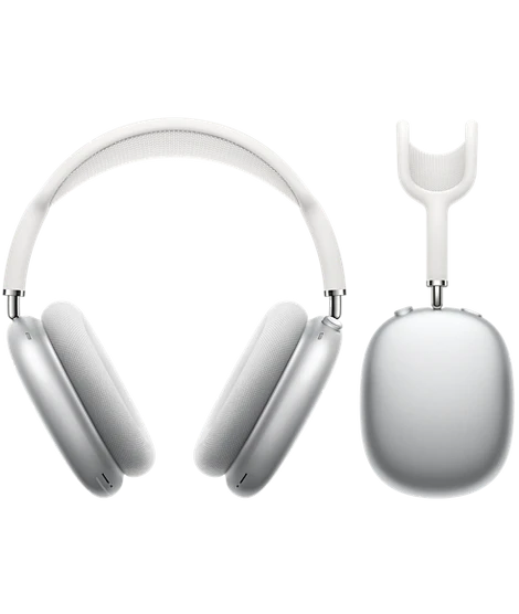 Front view of AirPods Max in Silver next to a side view of AirPods Max ...