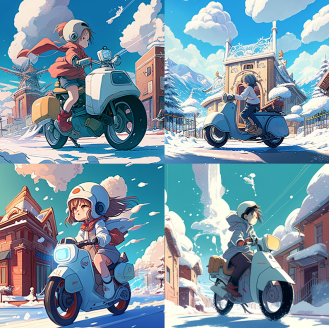 骑电动车的小女孩，美丽的宫崎骏动画场景：东京的雪景城市，巨大的宫崎骏云朵在蓝色的天空中飘荡，迷人的雪景东京城市，有着刺眼的阳光，宫崎骏的风景 ...