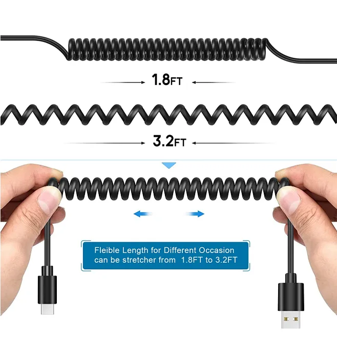 Black 1m 3a 60w Usb C Cable Retractable Spring Usb A To C Coiled Cable ...
