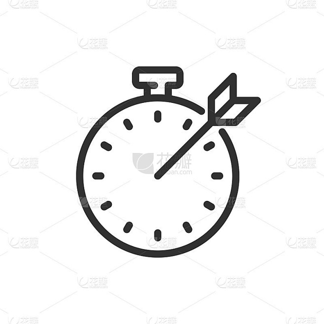 秒表和箭射中了目标。线性图标。任务的及时执行。线条与可编辑的笔触