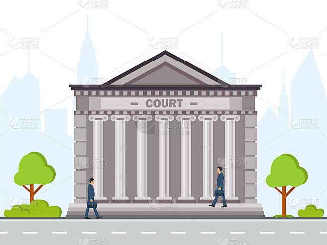 法院或政府机构正视图灰砖灰柱公共建筑平面风格矢量插图