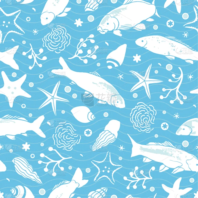 sealife linocut style fish stripe pattern素材-花瓣网