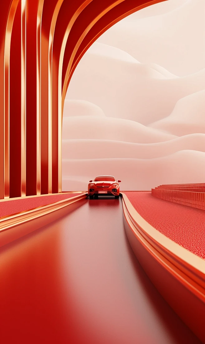 3d red highway through two red buildings with a car, in the style of ...