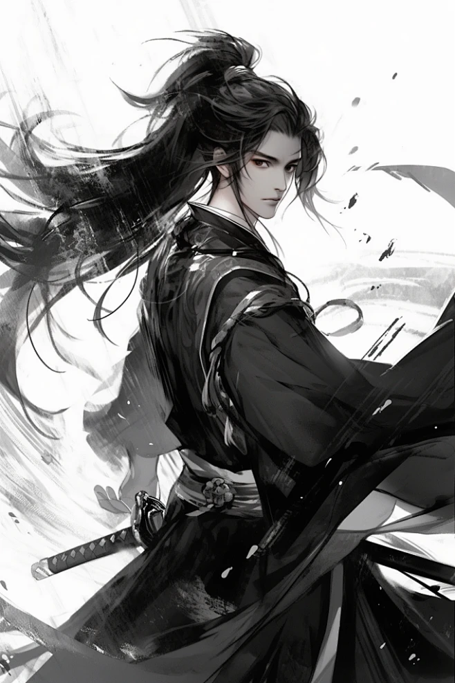 古风执剑少年水墨武侠剑客插画-花瓣网