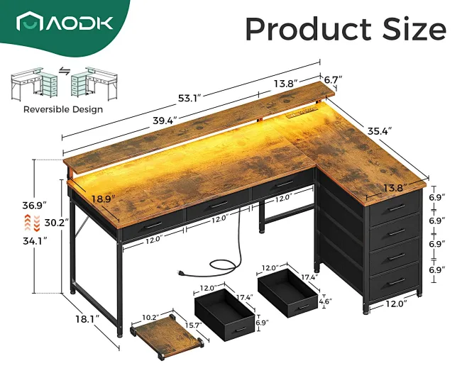 Amazon.com: AODK 53" L Shaped Desk with 7 File Drawers, Gaming Desk ...