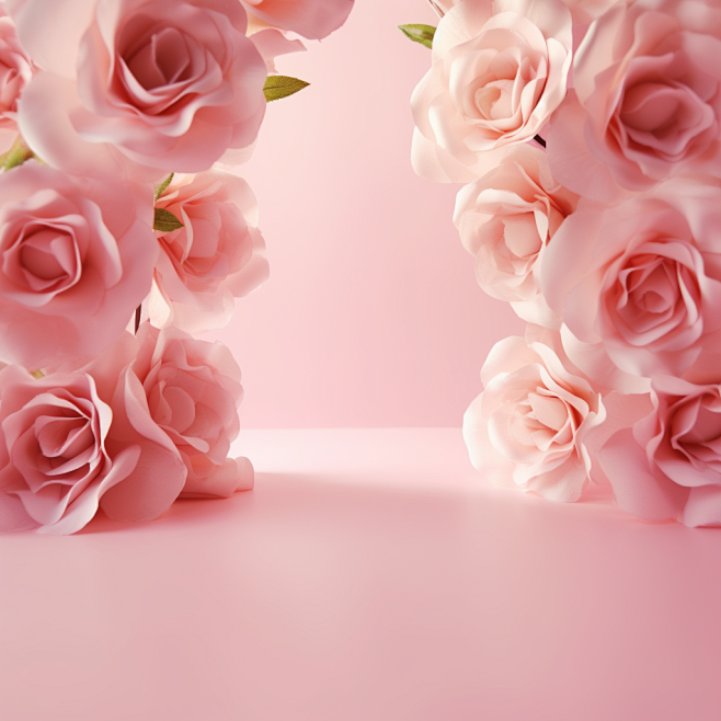 A clean pink background, arches, many light roses, the overall color is ...