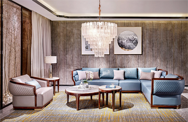 玛诺琦家居 锦至尚系列 1816-1转角位沙发+1807-2A大圆几+1807-2A中圆几