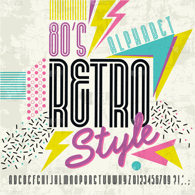 80 年代复古字母字体。复古字母矢量老样式图形海报。八十年代风格.