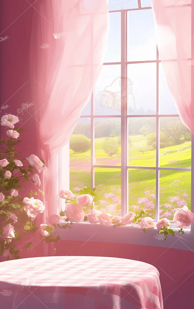 pink room with a window and flowers, in the style of photobashing ...