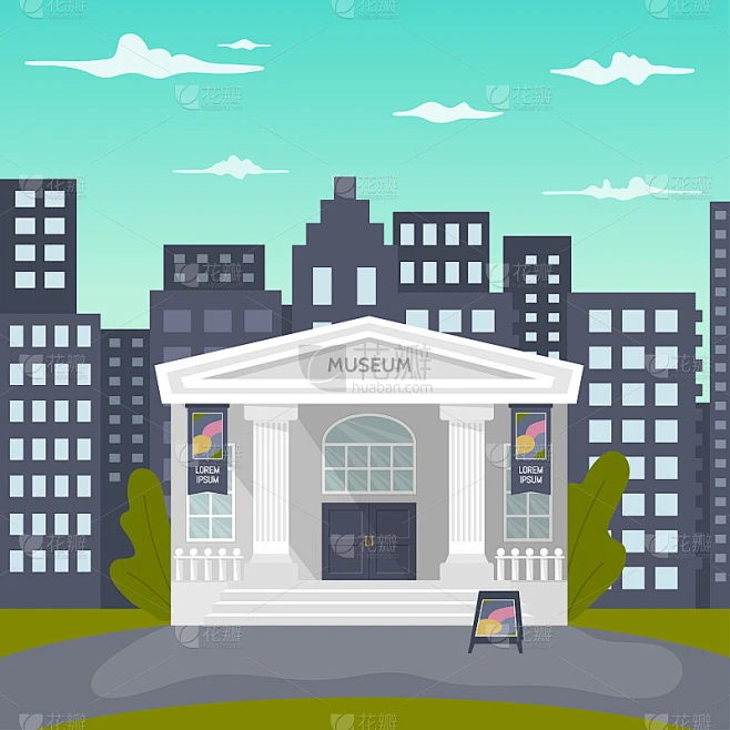 博物馆建筑的卡通插图，以名字、圆柱和城市为背景素材-花瓣网
