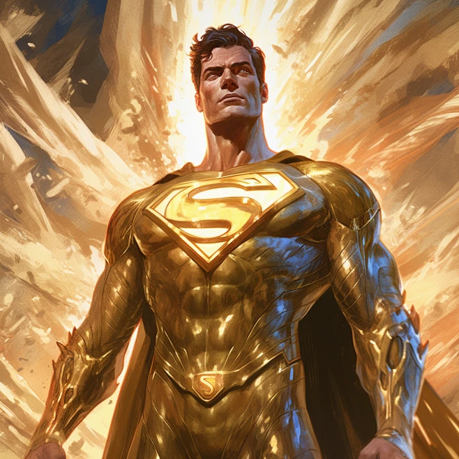 superman, with a full gold suit, yellow skin, glowing eyes, no cape ...