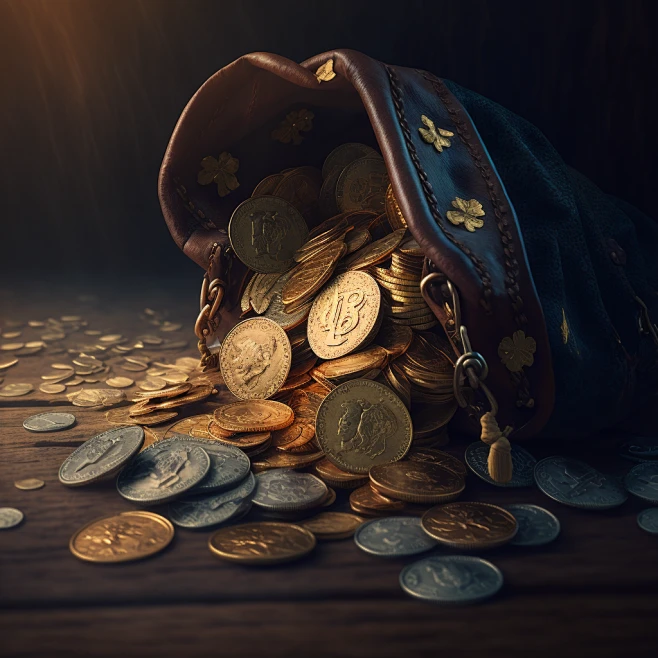 Many Gold Coins spilled from a Opened Classic Style Leather Purse,lies ...