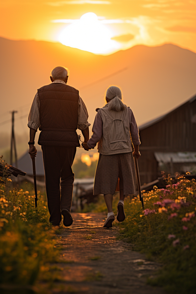 夕阳乡村老年人伴侣老人背影摄影图